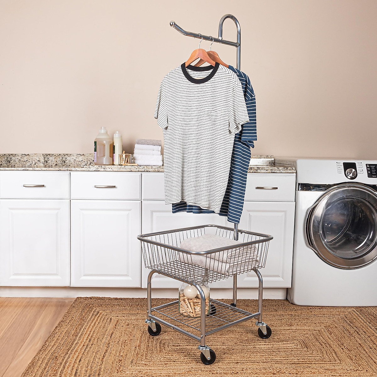 Household Essentials 6028-1 Rolling Laundry Cart with Hanging Bar - Chrome Finish