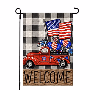 CROWNED BEAUTY 4th of July Patrioctic Welcome Truck Garden Flag 12x18 Inch Double Sided USA Flag Plaid Memorial Day Independence Day Outside Yard Party Decoration