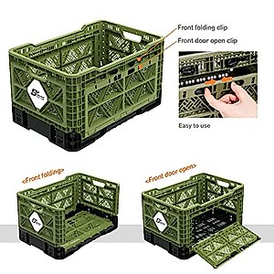 Bigant Heavy Duty Collapsible & Stackable Plastic Milk Crate-Medium Size, Olive, Stackable Open Front Organizer, Set of 1, Snap Lock Foldable Industrial Garage Storage Bin Container Utility Basket