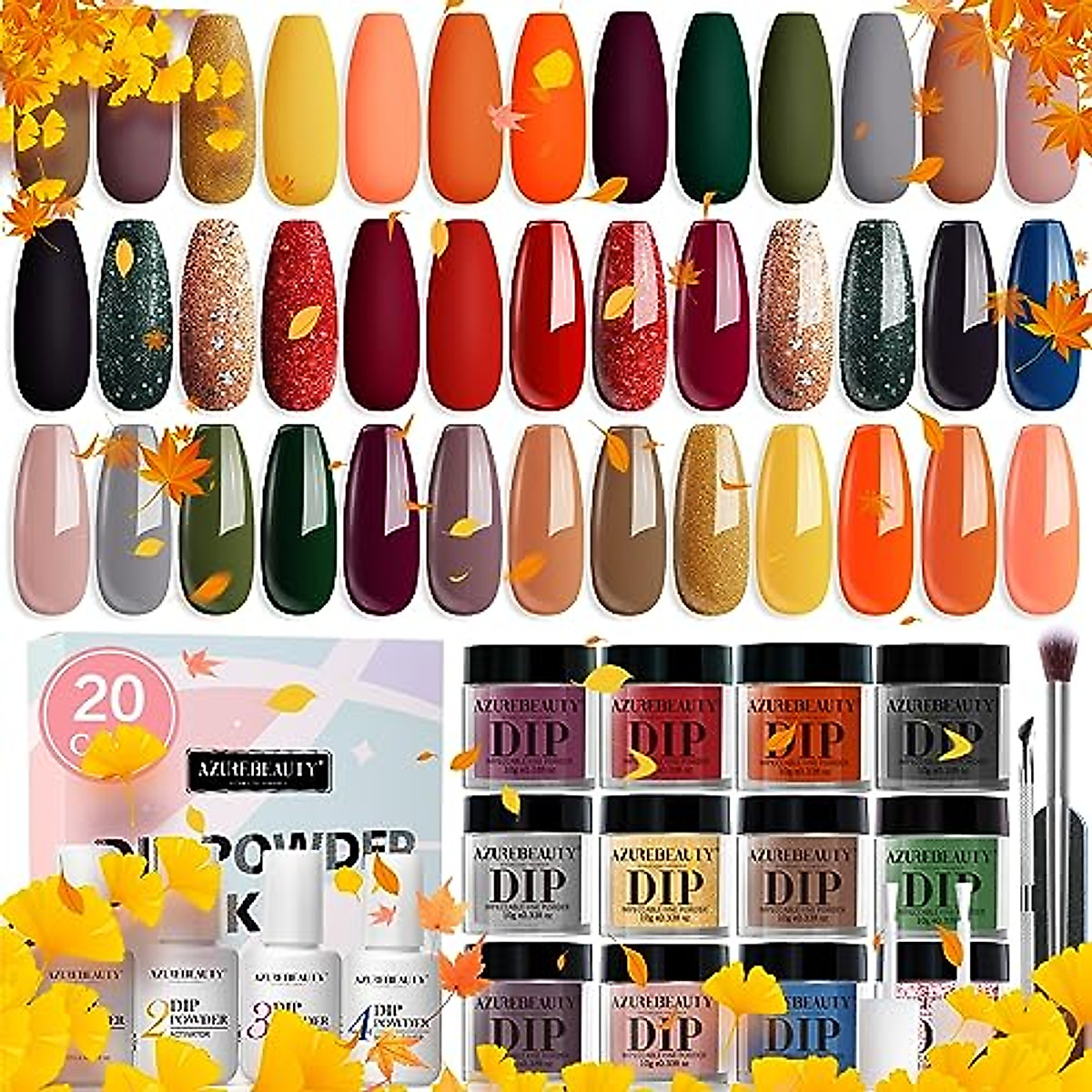 AZUREBEAUTY 29 Pcs Dip Powder Nail Kit Starter, Fall Limited Orange Glitter Red Green 20 Colors Acrylic Dipping Powder Liquid Set with Base/Top Coat for French Nails Art Manicure Beginner DIY Salon