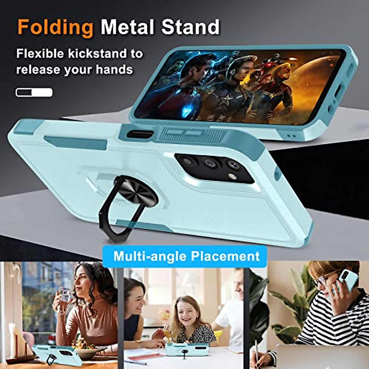 RMOCR for Samsung Galaxy A14 5G Case, Rotatable Magnetic Kickstand Ring Holder, Military Protective Phone Cover with Tempered Glass Screen Protector and Camera Lens Cover, Mint Green