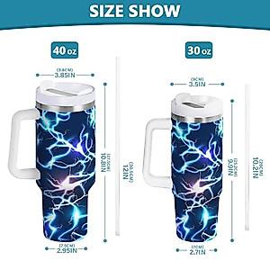 Exnundod 40 oz Tumbler with Handle Abstract Blue Lightning Insulated Stainless Steel Cup with Lid and Straw Travel Cup Leak-proof Fits in Car Cup Holder for Iced & Hot