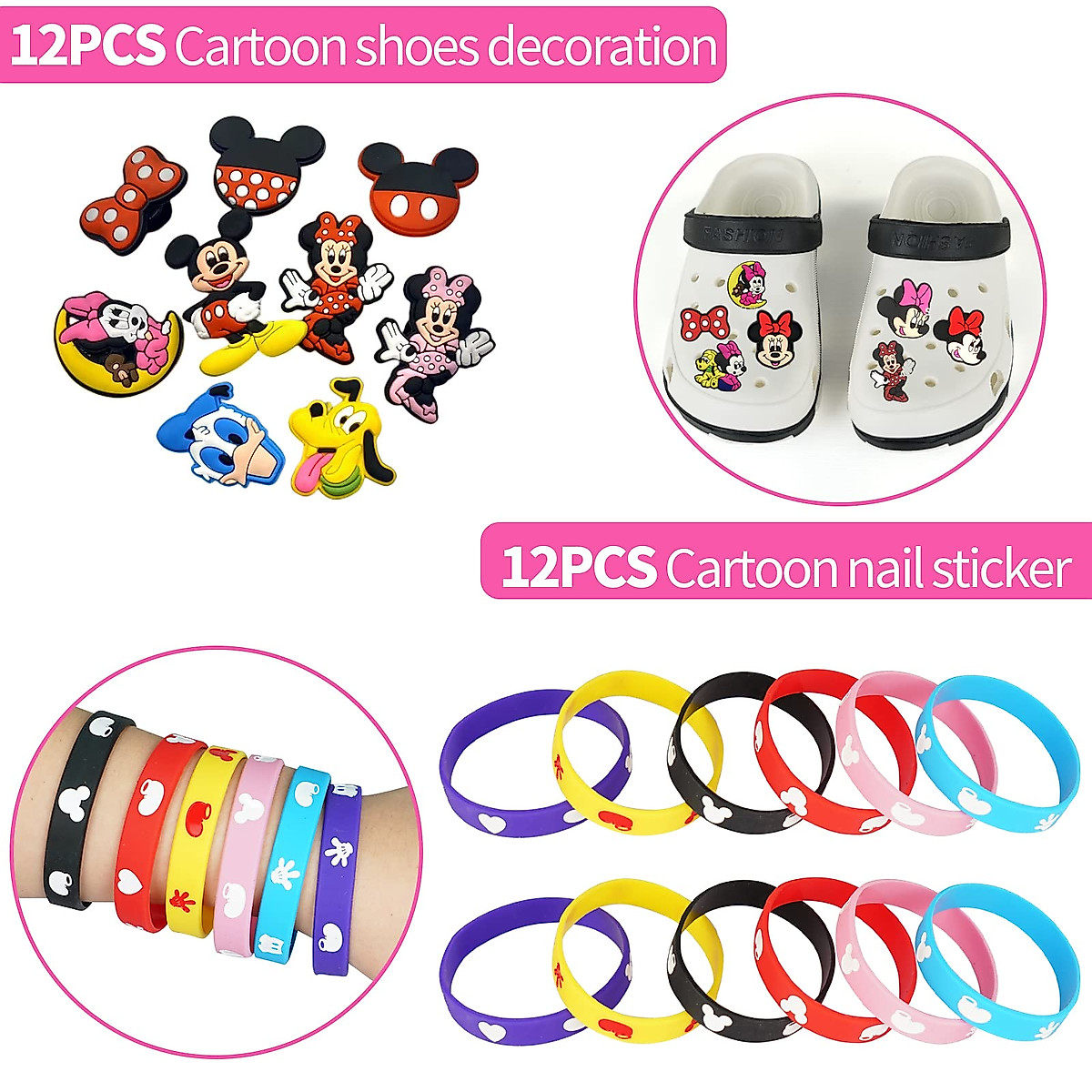 120 Pack Mouse Party Favor Set Cartoon Mouse Theme Party Supplies Includes Party Bags Keychain Silicone Bracelet Nail Stickers Headbands Shoe Decor Perfect for Kids Birthday and Classroom Game Rewards