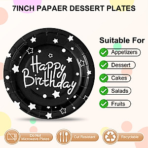 CENLBJ Happy Birthday Party Paper Plates,Black Birthday Dessert Plates,7inch-50pcs,Foil Polka Dots Paper Plates for Birthday Party Decorations