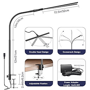 Kintion Desk Lamps for Home Office, 12W Flexible Gooseneck Smart Lighting, Ultra-Bright Extra-Wide Task Light, Study Light, Architectural Light with Clip