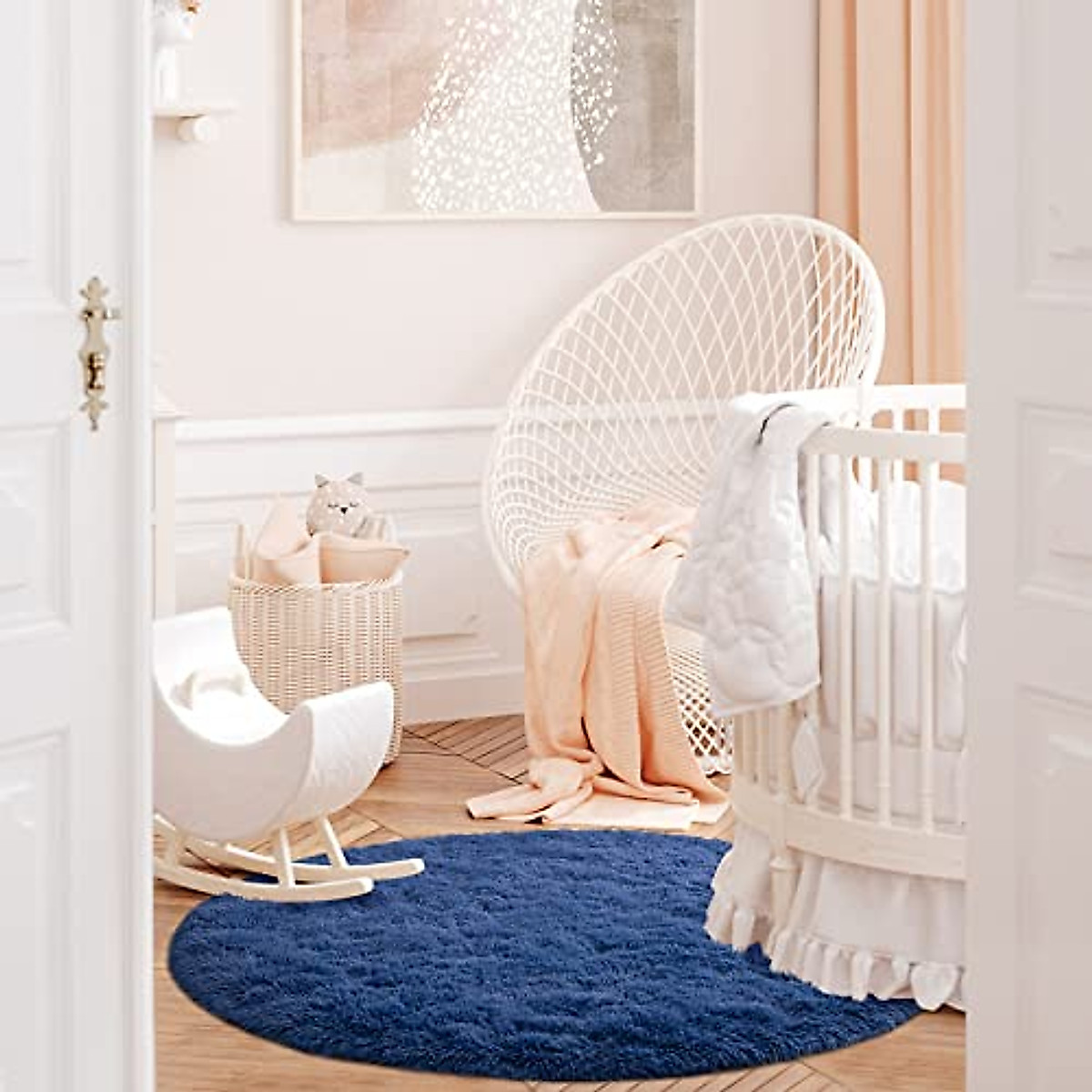 Goideal Soft Round Shaggy Rug, 4 x 4 Feet Light Navy Fluffy Circle Rug for Boys Girls, Fuzzy Cute Bedroom Rug, Circle Plush Floor Carpet for Nursery Room Decor