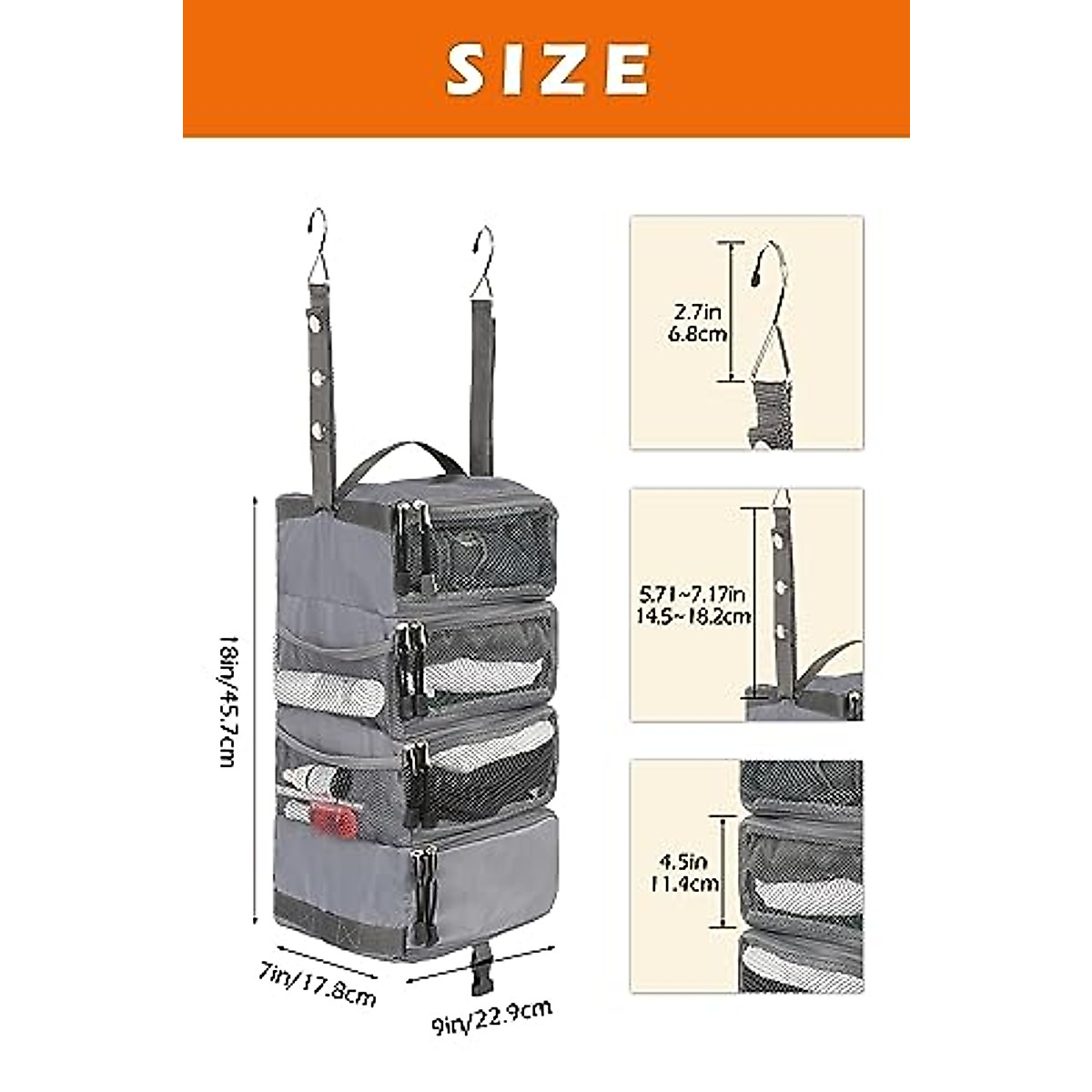 ELEZAY Hanging Packing Cubes with Compression Capability Portable 4-Shelf Closet for Travel Collapsible Space Saver Bag Clothes Organizer for Carry-on Luggage Suitcase Small_18*9 * 7 IN, Lightgrey