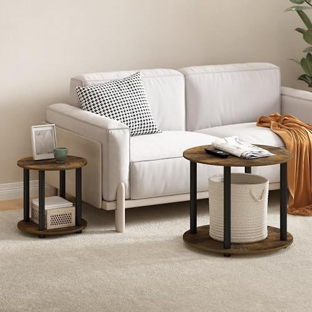 Furinno Turn-N-Tube 2-Tier Round Wooden End Table, Amber Pine