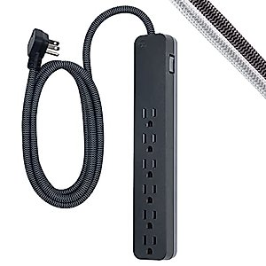 GE UltraPro 6-Outlet Surge Protector, 6 Ft Designer Braided Extension Cord, 560 Joules, Flat Plug, Wall Mount, UL Listed, Black, 45271