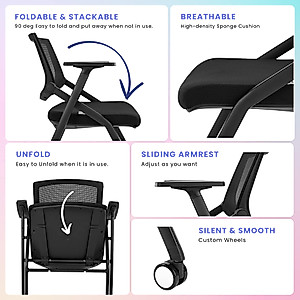 40 Chairs Stackable Conference Room Chairs with Wheels and Paddle - Ergonomic Mesh Back and Arms for Meeting, Conference, Reception, Training Room Chair & Office Desk Folding Chairs, Set of 40, Black