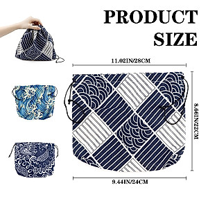 3PCS Lunch Tote Bag Japanese Style Drawstring Bento Pouch Portable Bento Storage Bag for Work Picnic or Travel, Blue