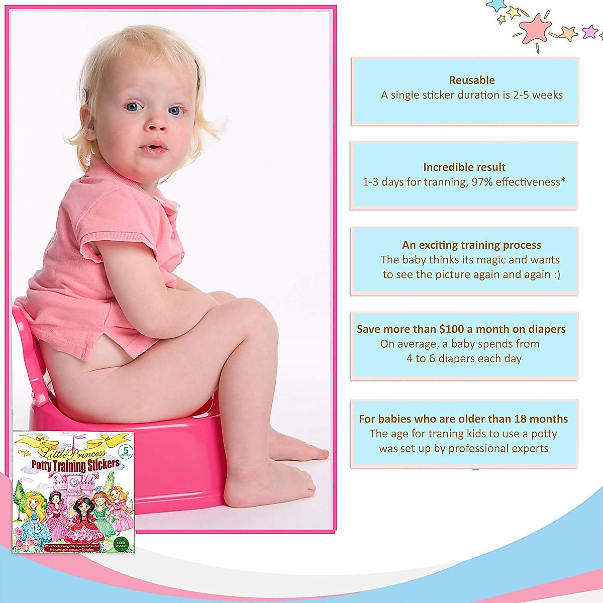 Potty Training Seat Magic Sticker Princess Toddler Potty Training Toilet Color Changing Sticker | 5 Pack Toilet Targets with Free Potty e Book | Use with/Without Potty Chart or Potty Training Watches