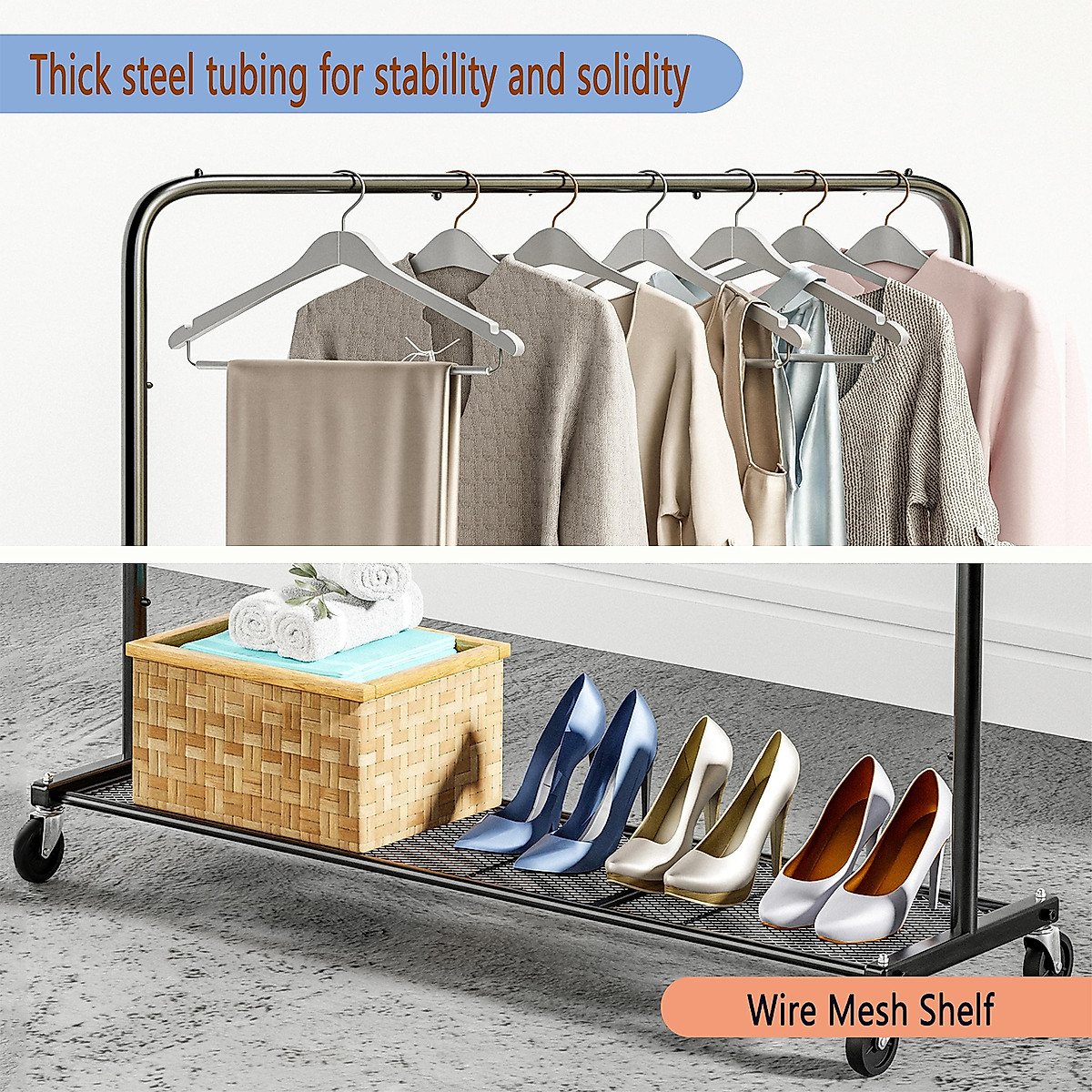 Simple Trending Clothing Garment Rack, 44 Inch Rolling Clothes Organizer on Wheels for Hanging Clothes with Mesh Shelves, Black