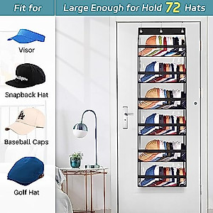 AOODA Clear Over the Door Hat Racks for Baseball Caps, Large Holds up to 72 Caps Hat Storage Organizer for Closet Wall, Deep Pockets Hanging Hat Holder with 3 Hooks, Black