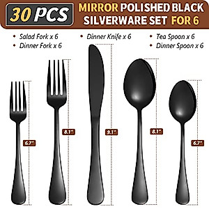 30 Piece Black Silverware Set, Stainless Steel Flatware Utensil Sets for 6, Black Cutlery Set Includes Forks Spoons Knives, Mirror Polished, Dishwasher Safe