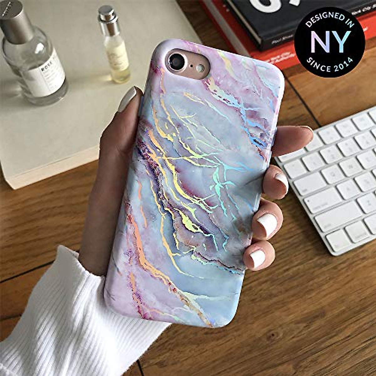 Velvet Caviar Compatible with iPhone SE 2020 Case, iPhone 8 Case, iPhone 7 Case Marble for Women & Girls - Cute Protective Phone Cover (Pink Iridescent Holographic Blue)