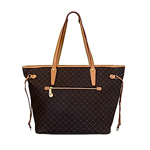 Rioni Signature Brown Designer Canvas Italian Leather Trimmed Tote Shoulder Bag