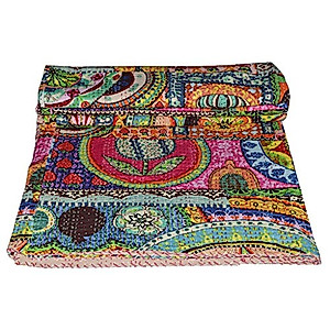 Maviss Homes Indian Traditional Handmade Patchwork Cotton Super Soft Kantha Quilt Blanket | Throw Bedspread Blanket | Bedroom Décor Throw Quilt |Home Décor; Multicolour
