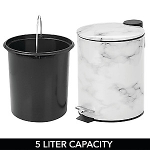 mDesign Metal 1.3 Gallon/5 Liter Round Step Trash Wastebasket, Garbage Container Bin with Lid for Bathroom, Powder Room, Bedroom, Kitchen, Craft Room, Office - Removable Liner Bucket - White Marble