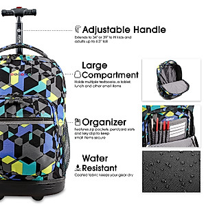 J World New York Sunrise Kids Rolling Backpack for Girls Boys Teen. Roller Bookbag with Wheels, Cubes, 18"