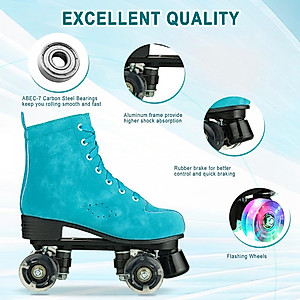 YYW Women Roller Skates High Top Girls Double Row Shiny Roller Derby Skates Four Wheel Unisex PU Classic Skates for Beginner Outdoor (Lake Blue Flashing Wheel,34-8.85in - Women's 5.5 / Men's 4)