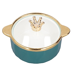 Milltrip Ceramic Bowl, Binaural Bowls Large Capacity Crown Ceramic Bowl with Lid and Phnom Penh Handle for Soup Rice Salad Instant Noodle(Green)