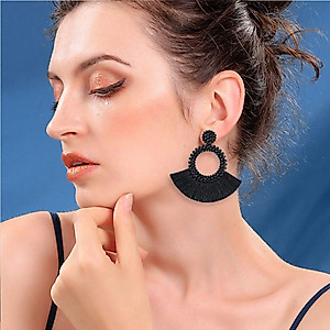 D.Rosse Handmade Bohemian Tassel Crystal Statement Drop Dangle Earrings for Women Hoop Fringe Lightweight Ear Jewelry Summer Accessories (Black)