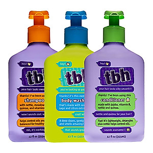 TBH Teen and Kids Shampoo, Conditioner, and Body Wash - Shampoo and Conditioner for Oily Hair, Gentle Exfoliating Body Wash - Sulfate, Paraben Free - 12 oz (3 Pack)