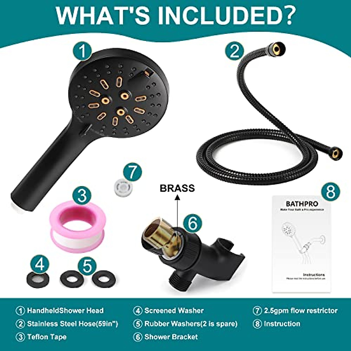 BATHPRO High Pressure Shower Head with Handheld, 6-mode Showerhead with Long Hose Stainless Steel 59", Built-in Power Wash to Clean, Adjustable Brass Ball Joint Bracket (2.5GPM, Matte Black)