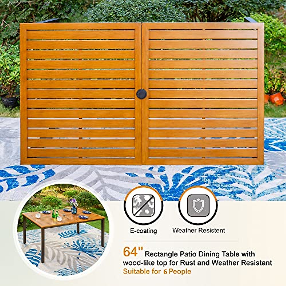 MFSTUDIO 7 PCS Patio Furniture Set with 1 Hand Painting Wood-Like Table and 6 Heavy Duty Metal Chair for Backyard