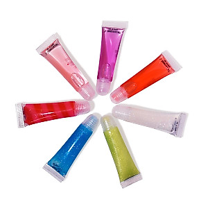 M&U Sparkle Lip Gloss Set with Handbag, 7Pcs Assorted Flavors Hydrating Lip Balm Party Favor Make-up for Kids and Teens Ages 5+