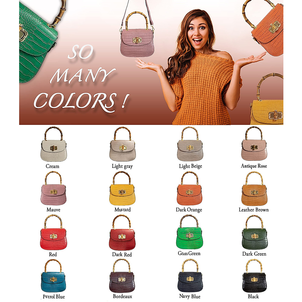 Women Handbag 100% Genuine Leather with Bamboo handle Crossbody bag Elegant bag Evening bag Gift for Women Handmade Made in Italy