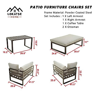 LOKATSE HOME Patio Furniture Conversation Metal Sofa Sunroom Indoor Chaise Lounge Cushioned Chairs with Ottoman Table, 5 Piece Set, Grey