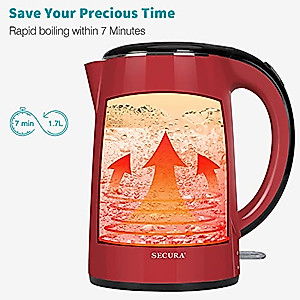 Secura SWK-1701DB The Original Stainless Steel Double Wall Electric Water Kettle 1.8 Quart, Red