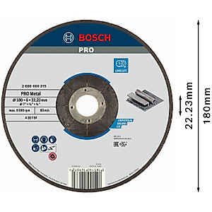 Bosch 2608600315 Metal Grinding Disc, 180mm x 6mm x 22.23mm, Blue