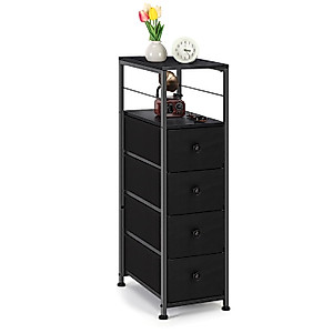 MOOACE Narrow Dresser Storage Tower, Slim Drawers Cabinet, Chest of 4 Fabric Drawers with Wood Shelf, Storage Dresser for Bedroom, Bathroom, Small Space, Closet, Laundry, Black