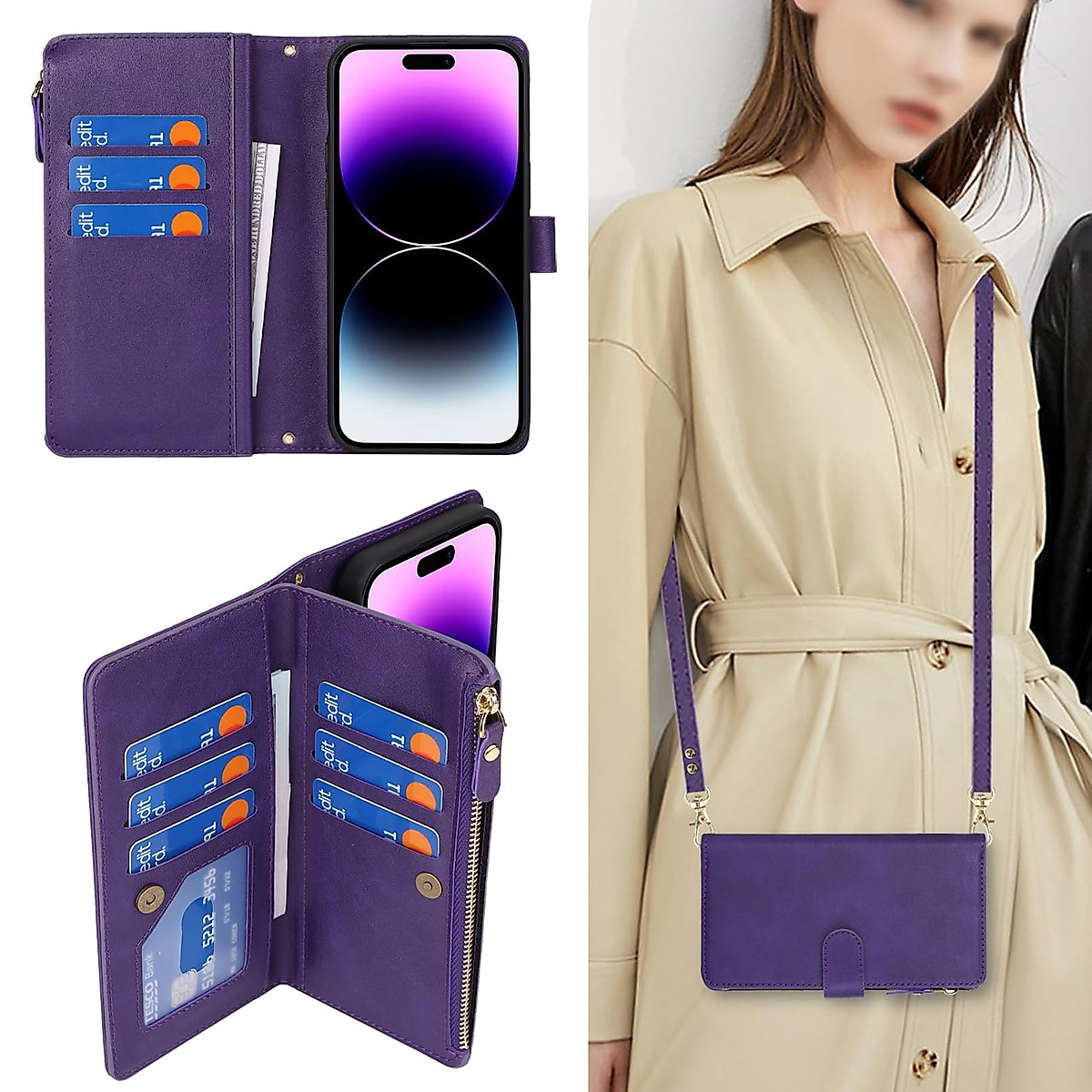 Jaorty Crossbody Case for iPhone 15 Pro Max, Purple with Strap Lanyard, Magnetic Flip Leather Wallet Case for Women, 6.7"