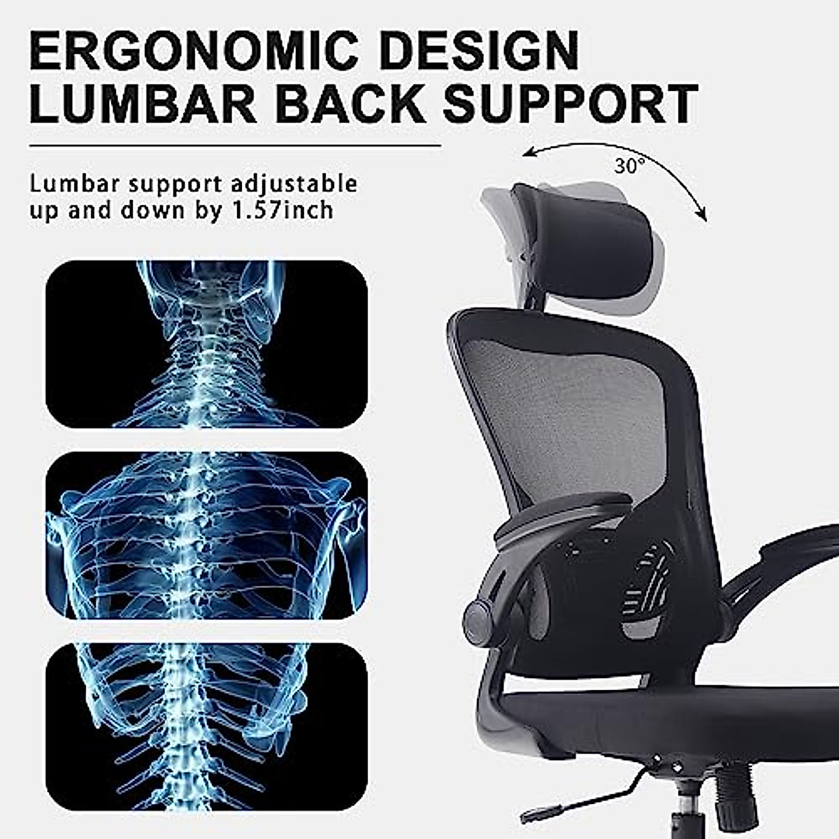 SUKIDA Office Chair with Headrest - Ergonomic Office Chair with Neck Support, Black Mesh Computer Desks Chairs Wheels Back Support Back Pain Comfortable Flip Up Arms Comfy for Home Bedroom