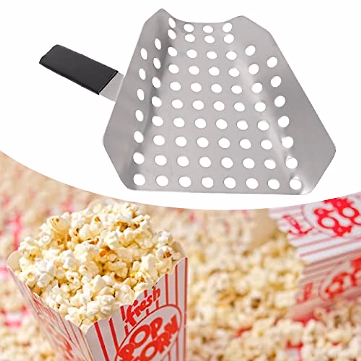Pwshymi Popcorn Scoop, Ergonomic Single Handle Stainless Steel Fries Scooper Snacks Desserts Scooper with Holes for Movie Theater Shop Popcorn Machine Supplies