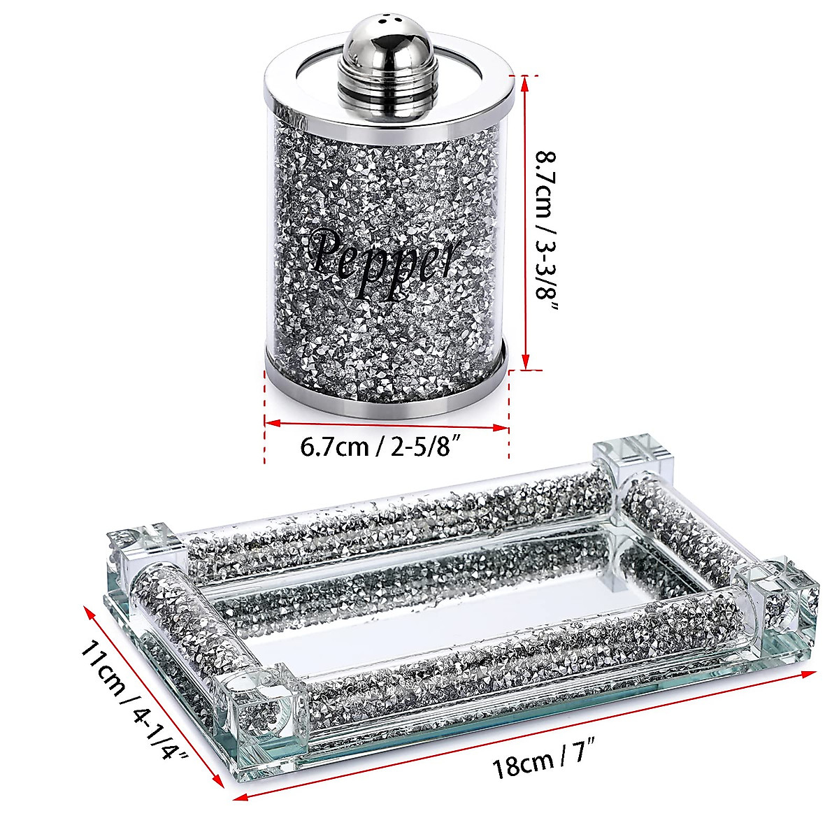 JUXYES Crushed Diamond Salt and Pepper Shakers With Tray, Luxurious Diamond Style Salt Pepper Shaker, Bling Glass Salt and Pepper Shakers, Sparkly Salt Pepper Glass Jar for Dining Table, Restaurant