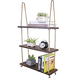 HXSWY Rustic Rope Hanging Shelves for Wall Wood Window Plant Shelf Indoor 3 Tier Dark Brown