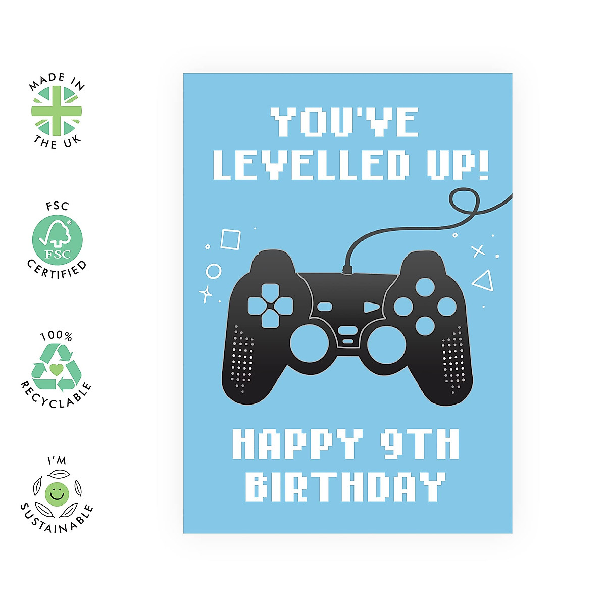 CENTRAL 23 Fun Ninth Birthday Card for Boys - 'You've Levelled Up!' - Happy 9th Birthday - 9 Year Old - Blue Greeting Card for Gamers - For Kids - Gift for Son, Grandson - With Stickers