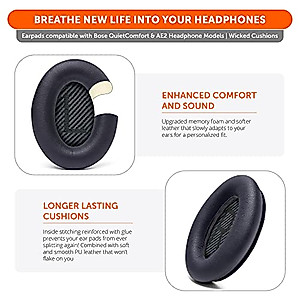 WC Wicked Cushions Upgraded Replacement Ear Pads for Bose QC35 & QC35ii (QuietComfort 35) Headphones & More - Softer Leather, Luxurious Memory Foam, Added Thickness, Extra Durability | Black