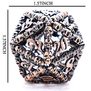 HVCMISHILE 40mm Large D&D Hollow Metal D20 Skull Galore Dice for DND Dungeons and Dragon of Pathfinder Tabletop RPG Polyhedral Dice (Antique Copper D20 Skull Dice)