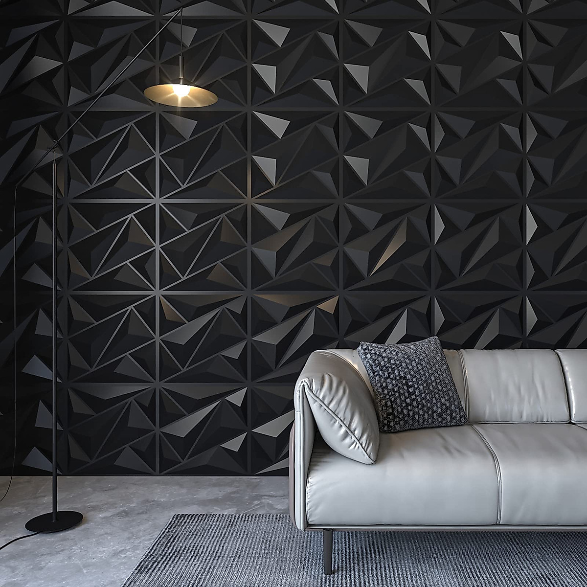 Art3dwallpanels PVC 3D Wall Panel Diamond for Interior Wall Décor in Black, 19.7" x 19.7" Wall Decor PVC Panel, 3D Textured Wall Panels, Pack of 12 Tiles