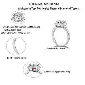 DovEggs Solid 14K White Gold Center 2ct 7.5mm G-H-I Color Cushion Cut Created Moissanite Halo Engagement Ring with Accents (6.5)