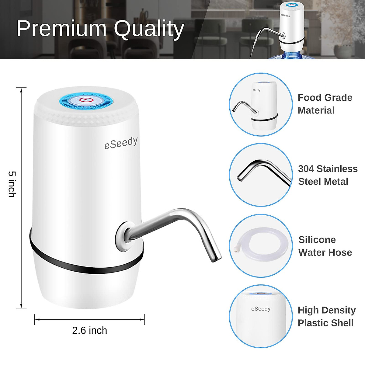 Water Pump for 5 Gallon Bottle, USB Charging Automatic Water Dispenser with Rechargeable Battery, Portable Electric Drinking Water Jug Pump for Home, Kitchen, Living Room, Office, Camping - White