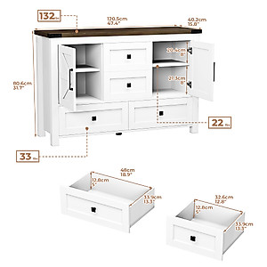 VVFLU Farmhouse White Dresser for Bedroom with 4 Drawers and 2 Barn Doors, White Wood Chest of Drawers 47 Inch Wide, Large, Long, Adjustable Shelves, 5 Legs, Living Dining Room, Entryway, Hallway
