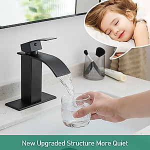 VOTON Black Bathroom Faucets Modern Waterfall Bathroom Sink Faucet Matte Black Single Handle Bathroom Faucet for 1 or 3 Holes with Deck Plate and Pop-Up Drain, Rv Sink Camper Farmhouse Bathroom Faucet