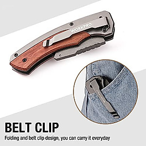 WORKPRO Folding Utility Knife, Quick-Change Box Cutter with Stainless Steel Head & Liner Lock, Wood Handle Razor Knife and Extra 10PC SK5 Blades